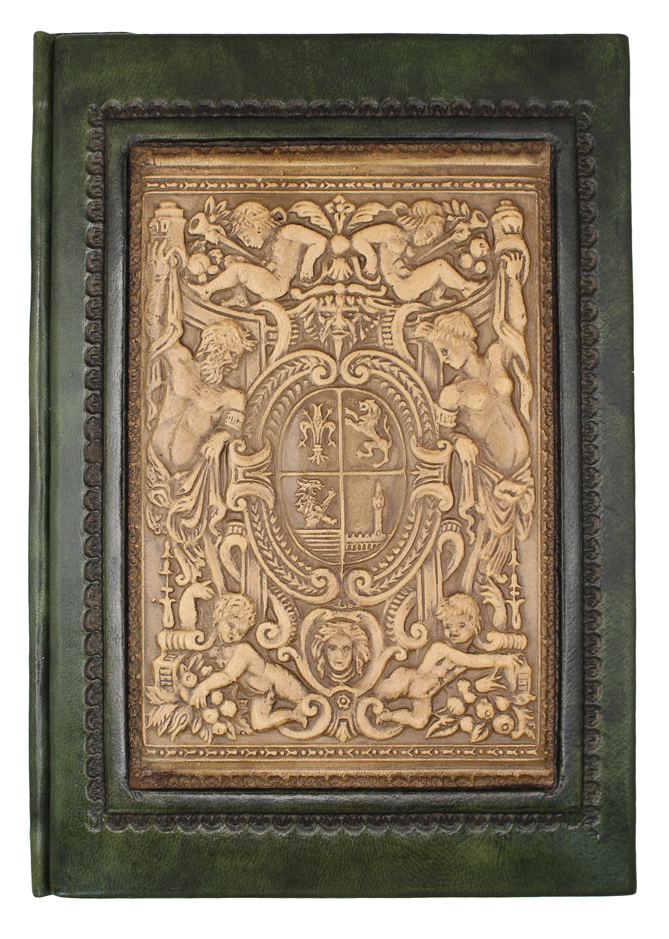 Ежедневник ручной работы из натуральной кожи "Гиганты" 15х22 зеленый. Сменный блок страниц.