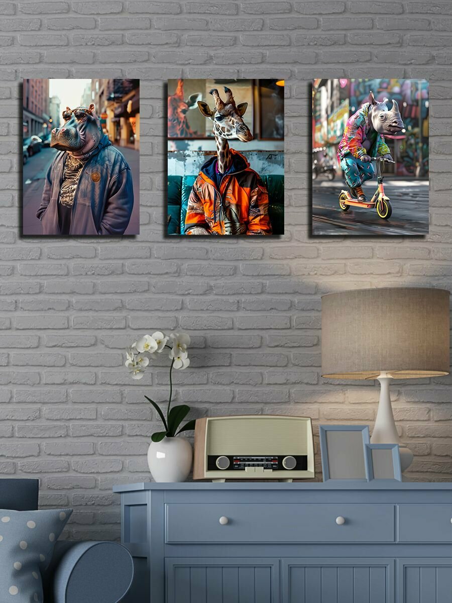 Картины на холсте LOFTime 3 шт 30Х40 бегемот, жираф, носорог К-655-3040