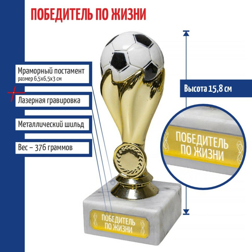 Кубок Футбольный мяч "Победитель по жизни" на мраморном постаменте (15,8 см)