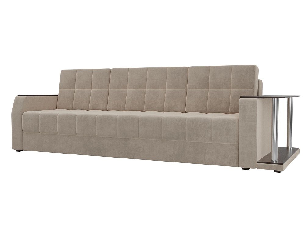 Прямой диван Атлант со столиком Бежевый Велюр Правый, еврокнижка, 255х101х85 см, с ящиком для белья