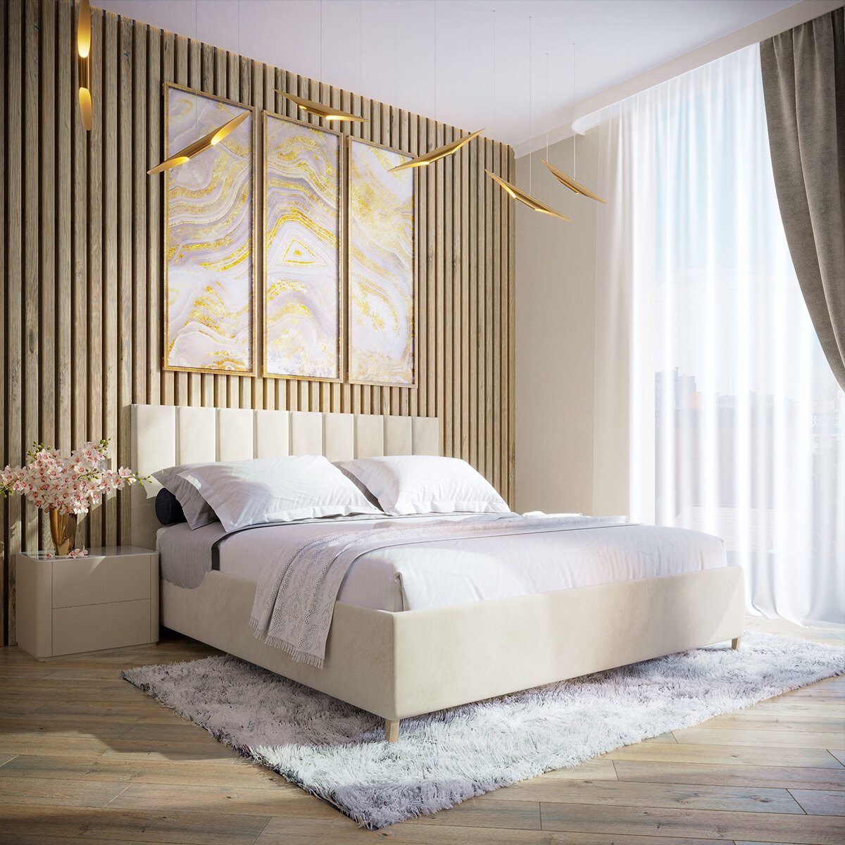 Мягкая кровать с настилом NS Line велюр слоновая кость, 200х200, без ножек