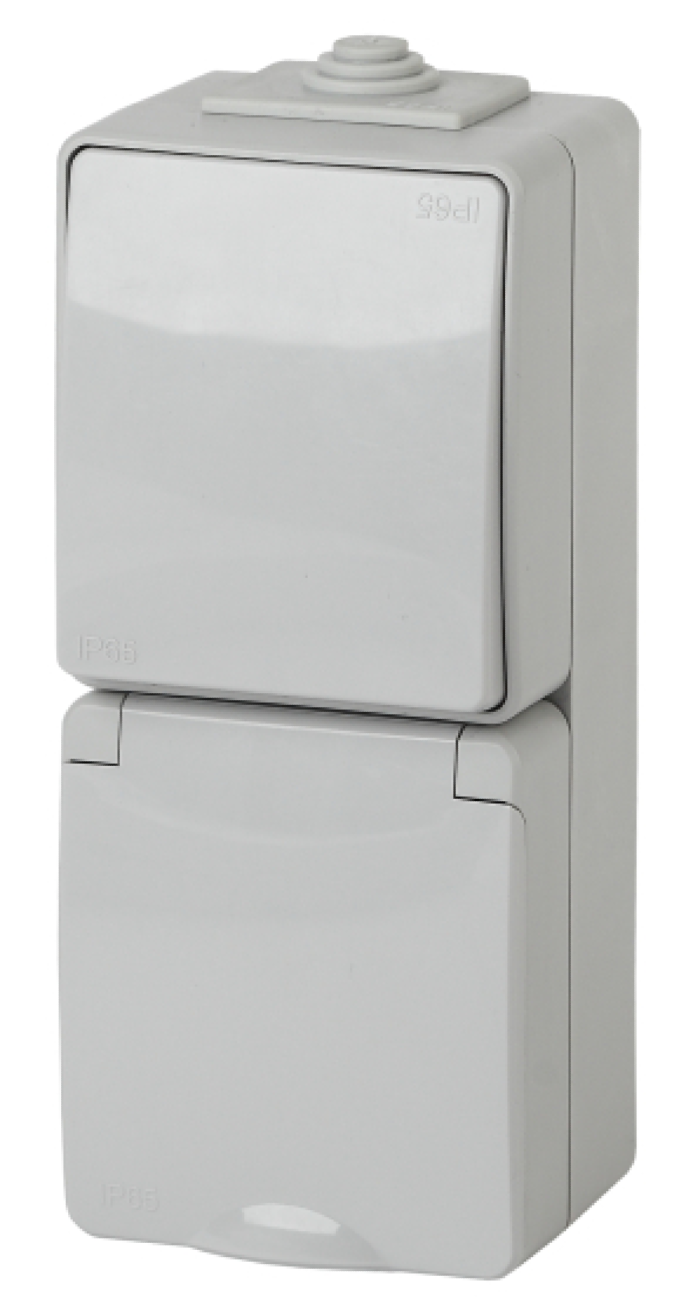 Блок ЭРА Эксперт 11-7607-03 розетка и выключатель вертикальный, с заземляющими контактами и крышкой, поликарбонат серый, 16A(10AX)-250В, IP65, размером 147х63х54мм / электрика