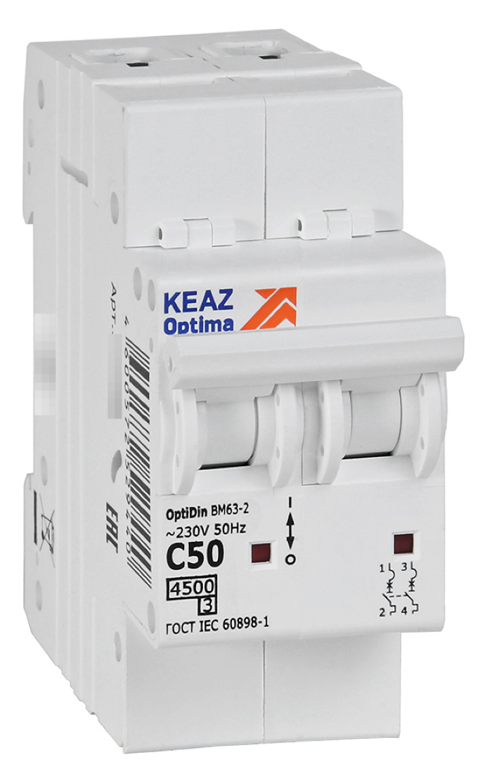 Автоматический выключатель КЭАЗ OptiDin BM63-2C50-4.5-УХЛ3, 2P 50А характеристика C 4.5кА, 326808 / электроавтомат