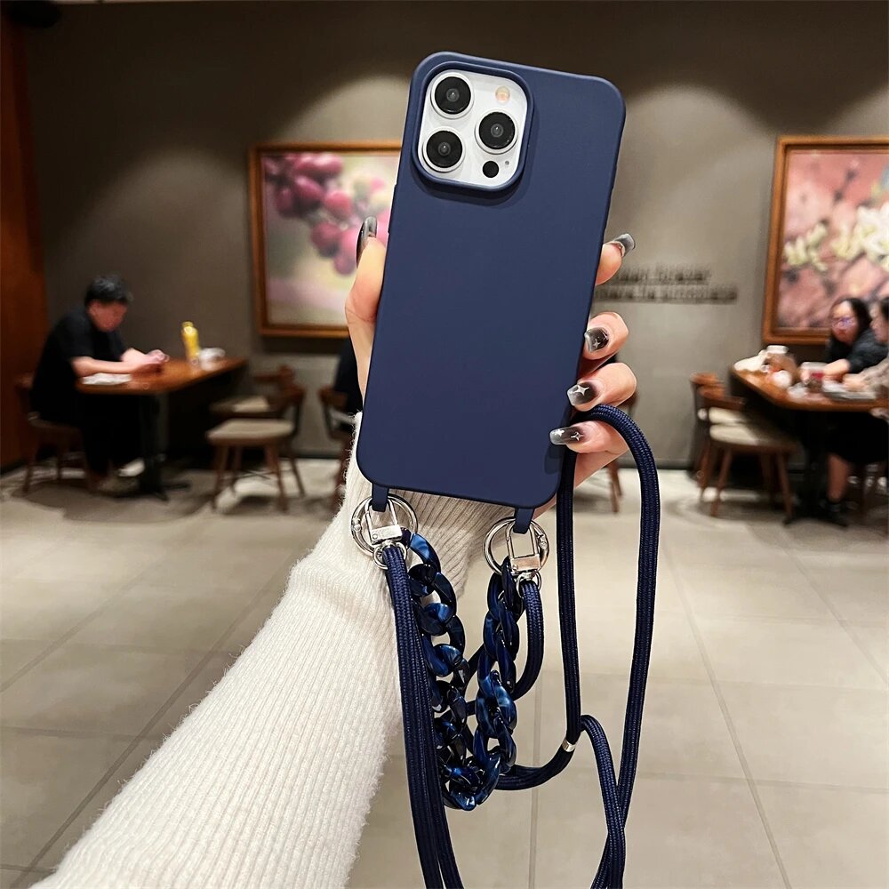 Чехол для телефона с ремешком через плечо для iPhone 17, 16, 15, 14, 13, 12, 11 Pro XR Max Plus, мягкий силиконовый чехол с акриловой цепочкой