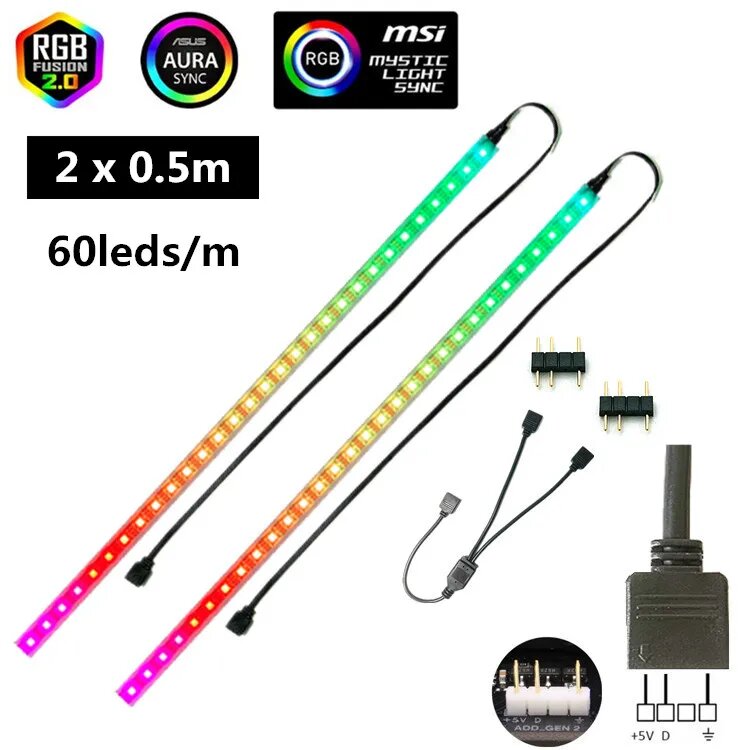 AELED Пиксельная светодиодная лента 5V 3PIN WS2812B для ASUS AURA 2 x 0.5m 60leds, Not Waterproof