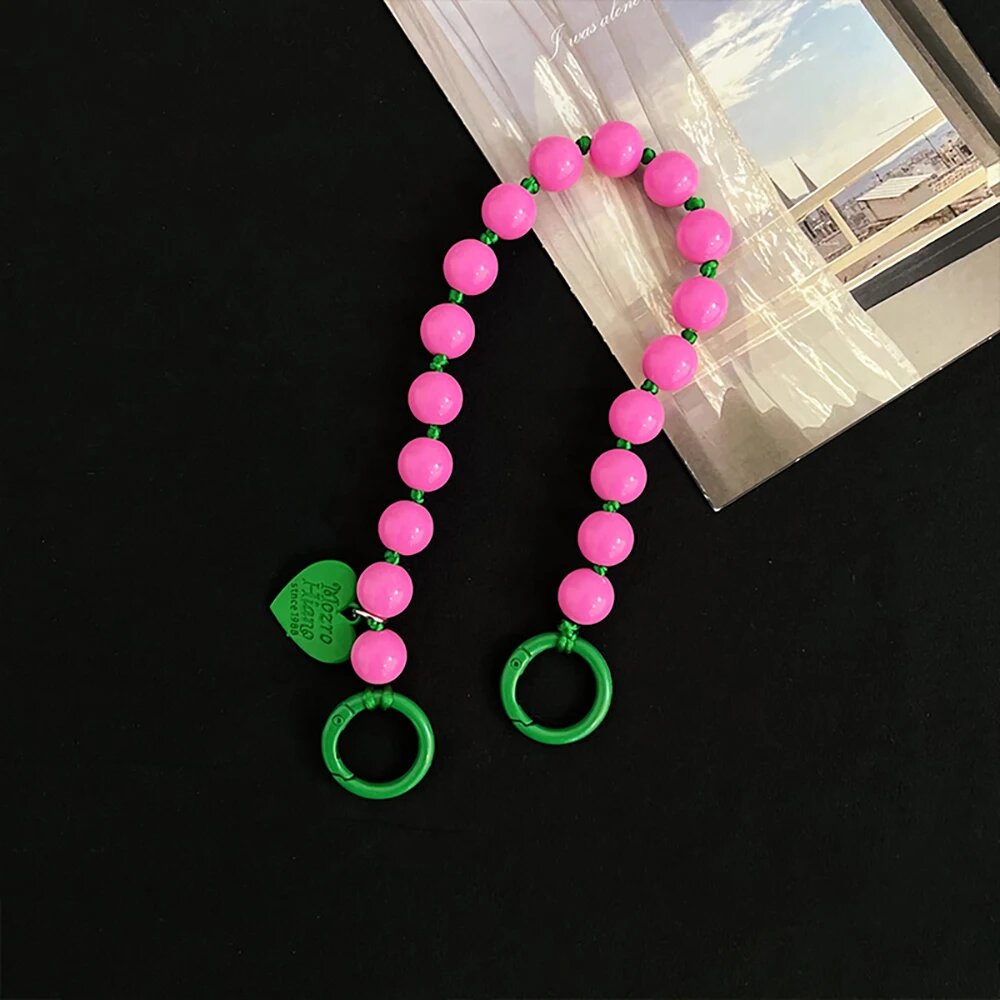Корейская красочная цепочка для телефона с сердечком из бисера, кулон, подвесной ремешок, брелок для ключей для iPhone, сумка для ключей, подвесная веревка для женщин Pink Green