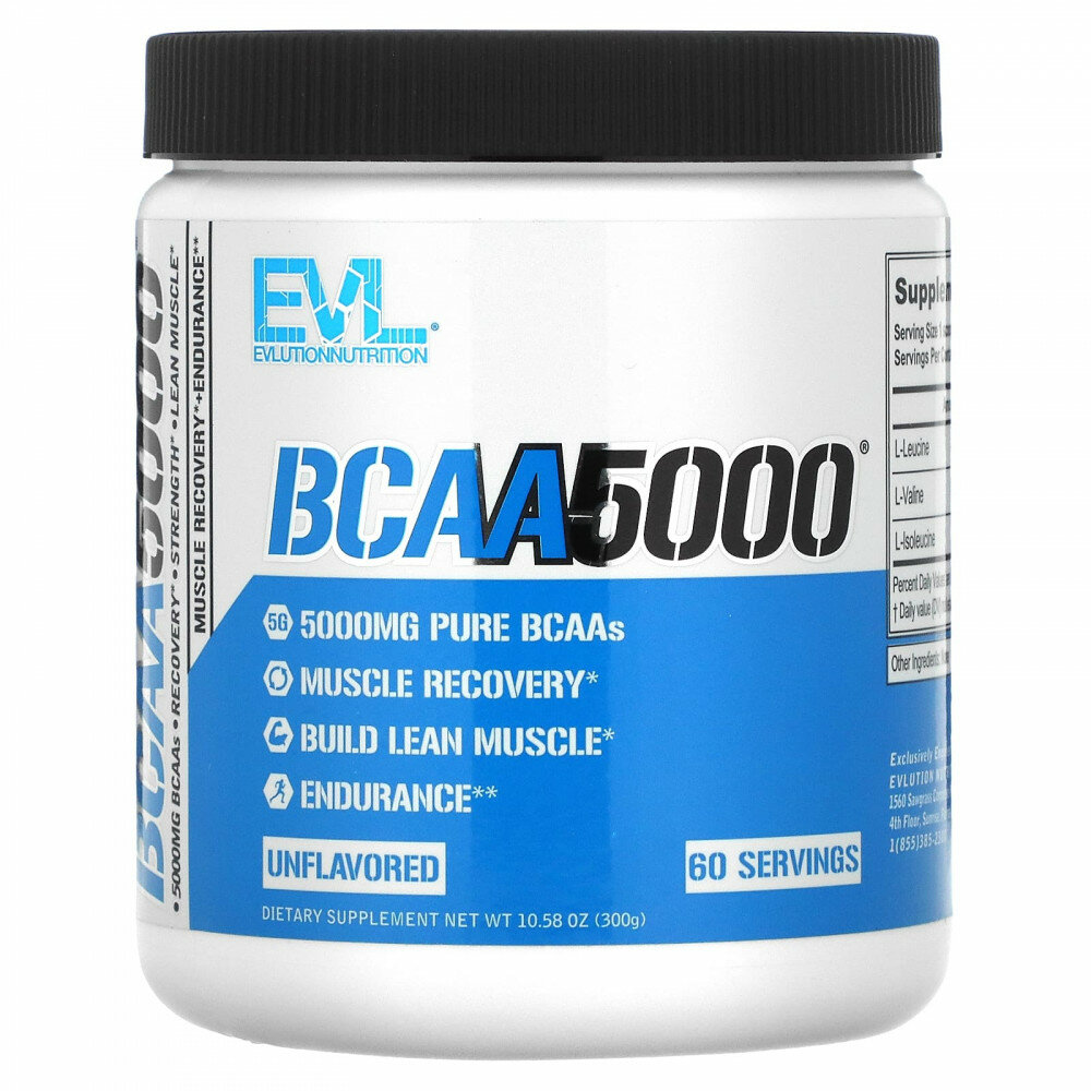 EVLution Nutrition, BCAA5000, без вкусовых добавок, 300 г (10,58 унции)
