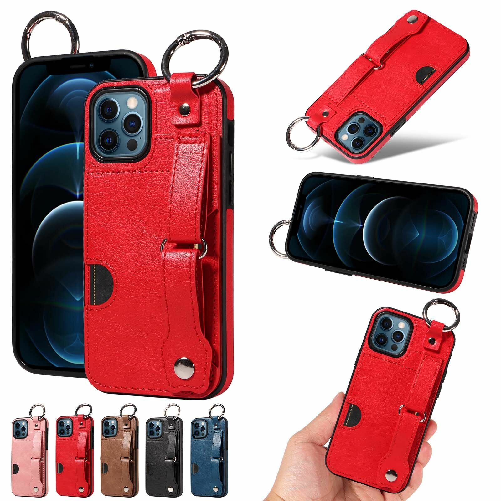 YIKATU Кожаный чехол для Apple iPhone 12/ iPhone 12 Pro (Айфон 12/ Айфон 12 Про) с регулируемым ремешком на запястье/кольцевой пряжкой/ Держатель карты