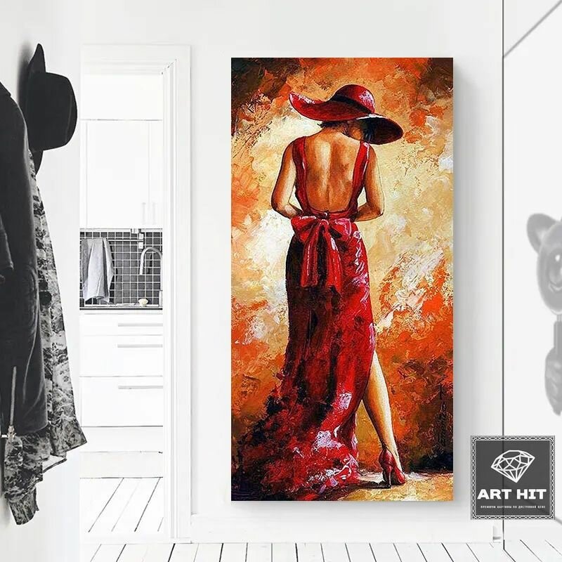 Картина вертикальная на стену, Девушка в красном платье, 40х80 см.