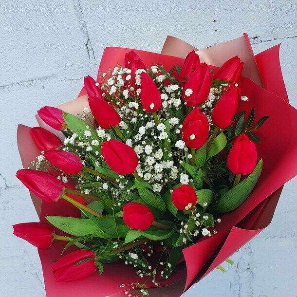 Яркий букет, Тюльпан 19, Фисташка, Гипсофила, Размер 35х50см, Красный
