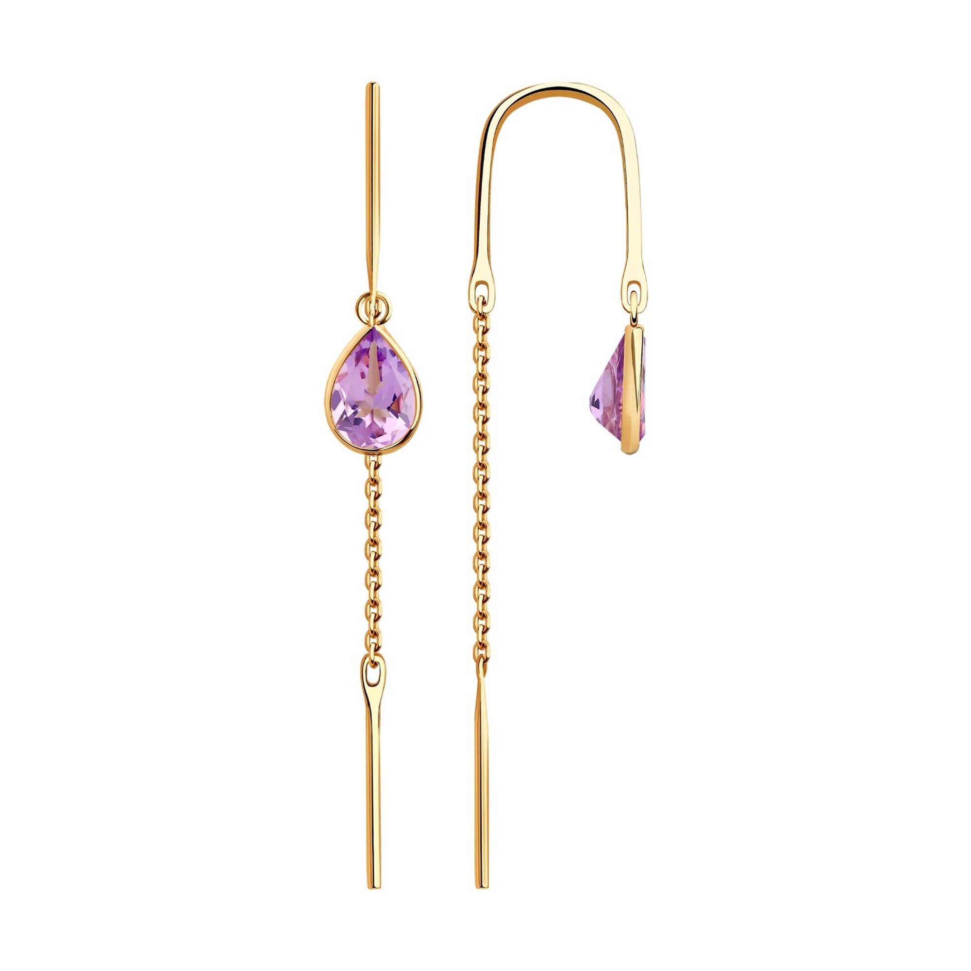 Серьги цепочки, красное золото, 585 проба, аметист