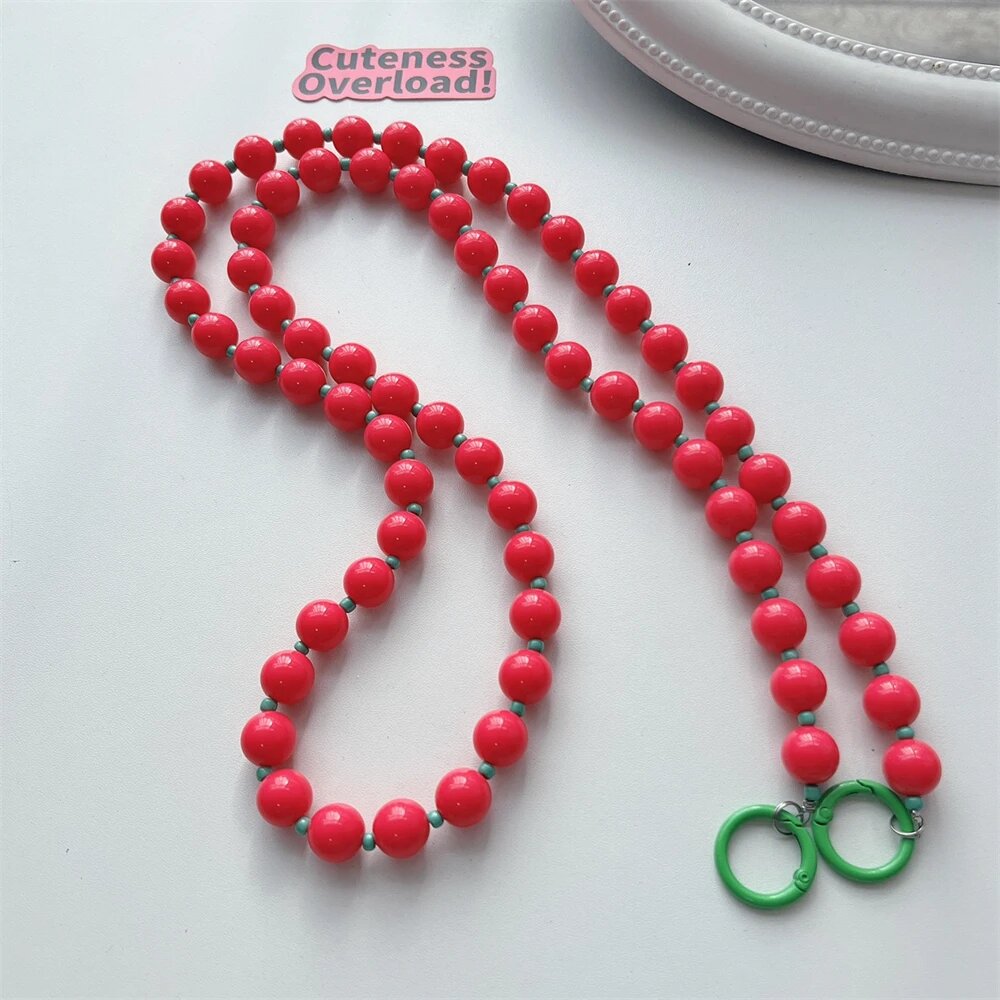 Корейский цветной шнурок с бусинами и жемчугом через плечо, ожерелье, браслет, брелок, кошелек, рюкзак, цепочка для iPhone, Samsung, подвесной шнурок RoseRed