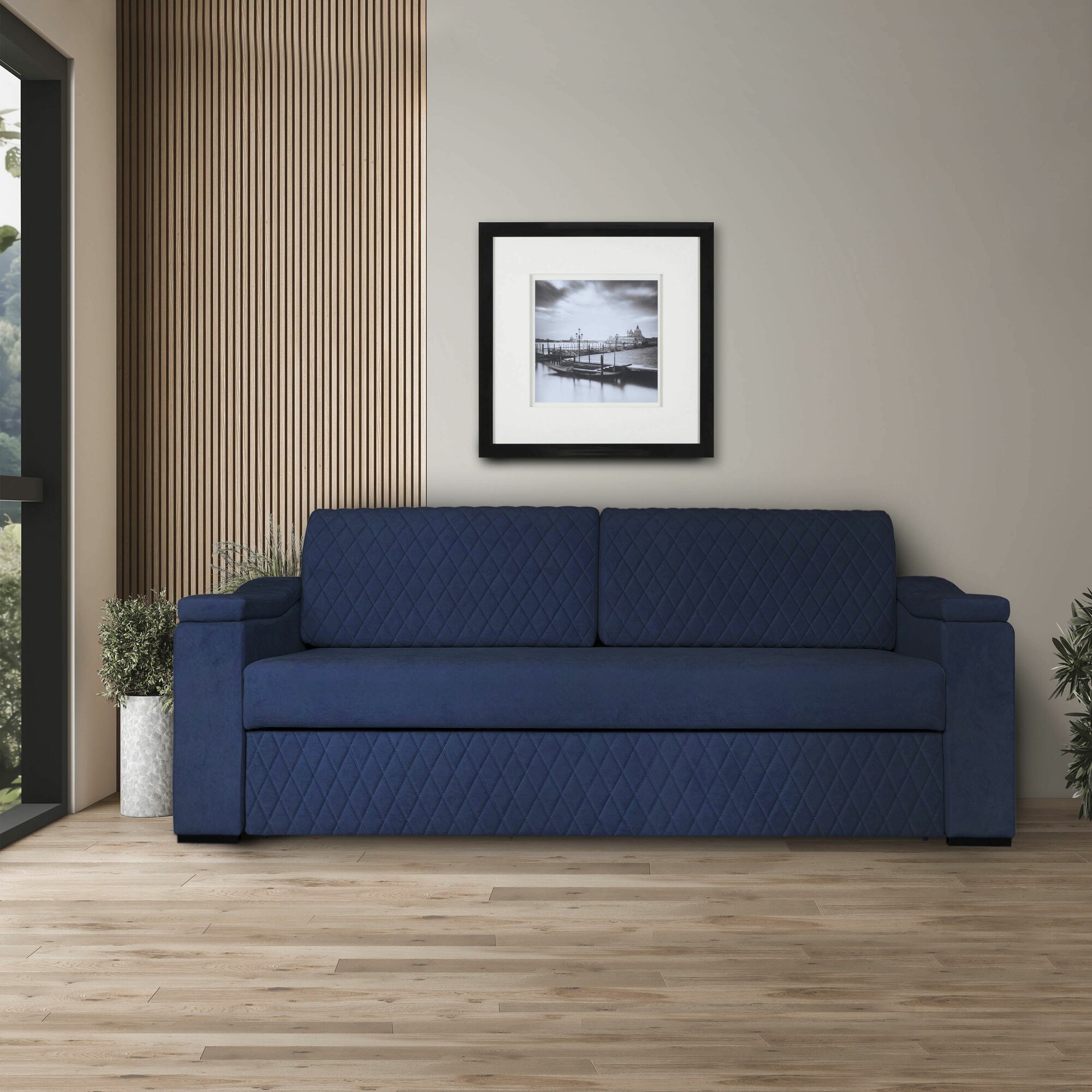 Прямой диван-кровать денвер-marlen синий велюр, металлокаркас, с большим спальным местом, ортопедический, пружинный блок