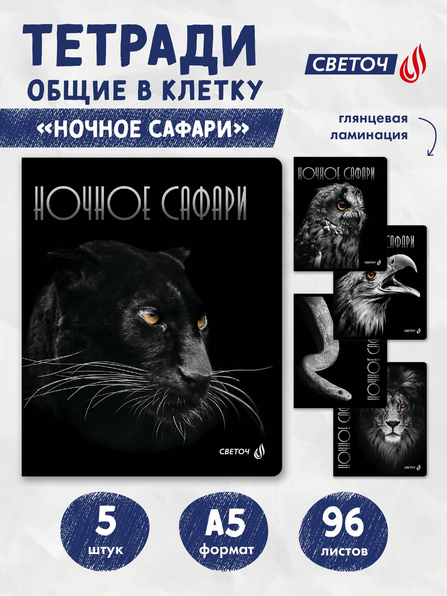 Тетрадь Светоч 96 листов в клетку 5 штук ассорти общая на скобе Ночное сафари