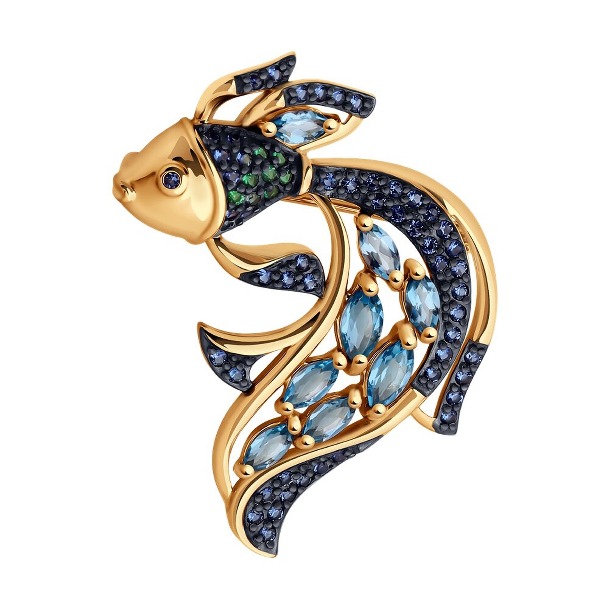 Брошь, красное золото, 585 проба, топаз, фианит