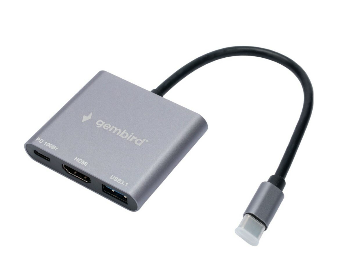 Док-станция Type-C Gembird UHB-D2, 3в1: USB3.1, PD100W, HDMI, кабель 15см, алюминий