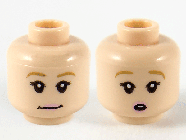 Minifigure, Head Dual Sided Female Dark Tan Eyebrows, Black Eyelashes, Bright Pink Lips, Neutral / Surprised Open Mouth with Top Teeth Pattern, 3626pb2629 Light Nougat U