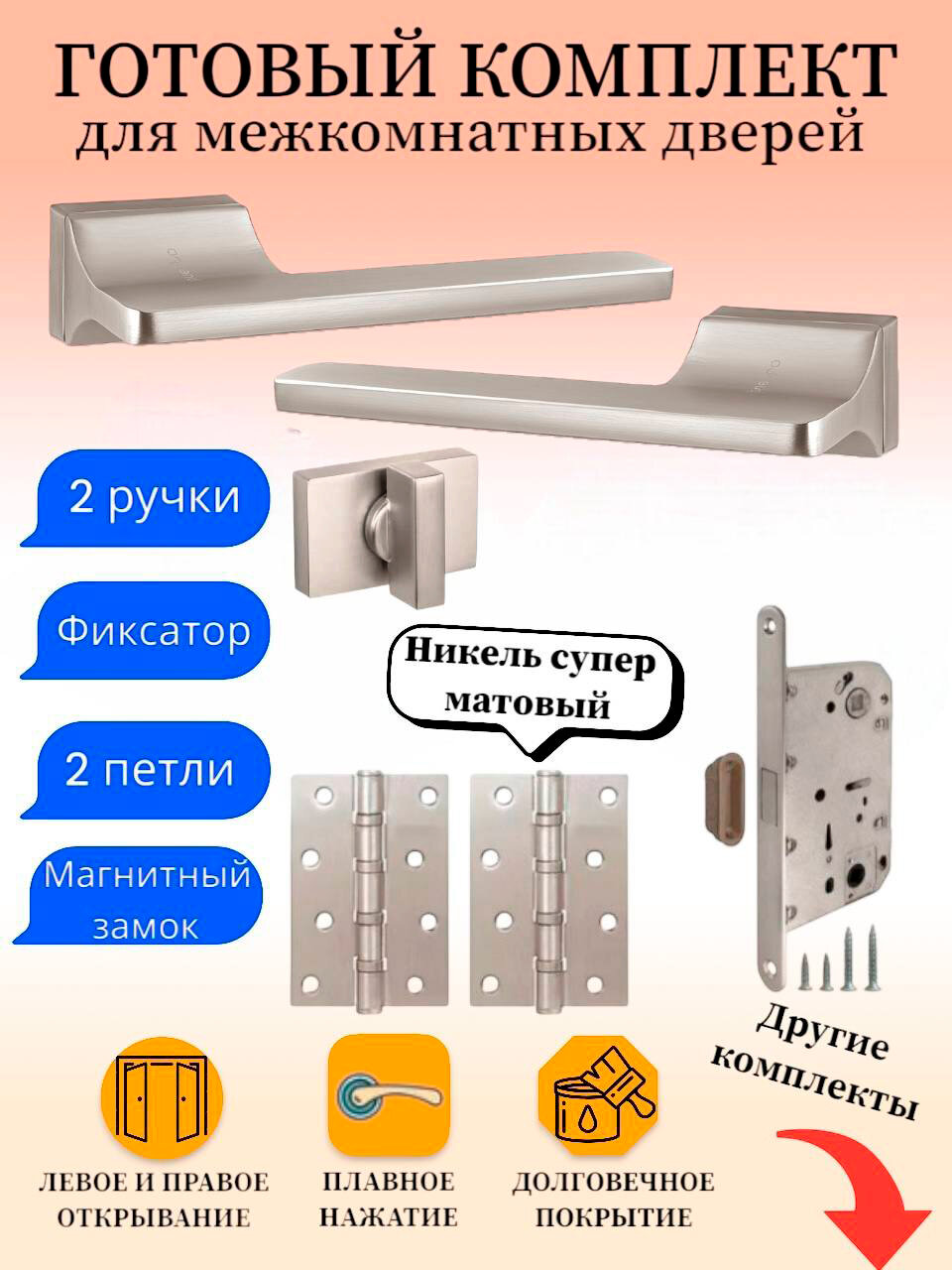 Ручка дверная межкомнатная PUERTO INAL_557-01_MSN_MAGWC, никель супер матовый (ручка + фиксатор + магнитный замок + 2 универсальные петли)