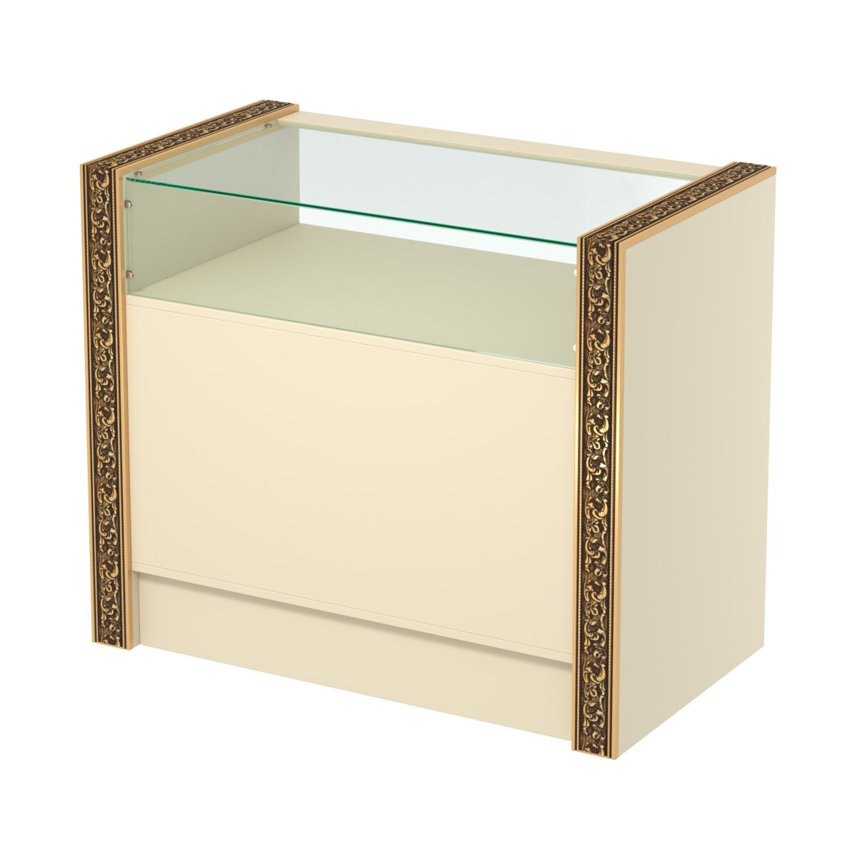 Недорогой прилавок с большим накопителем и декоративными молдингами №ПДМ-2-900, Крем Вайс