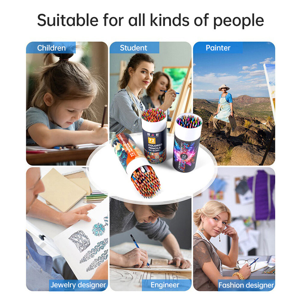 Акварельные карандаши H&B: 72 цвета, водорастворимые, предварительно заточенные, грифель 3 мм, яркие цвета, с 1 водяной кистью. Для студентов, взрослых, художников, декоративных проектов.