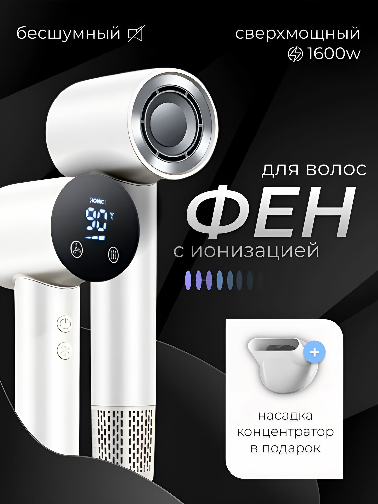 Фен для волос fen_06_02_2025 1600 Вт, скоростей 3, кол-во насадок 1, белый