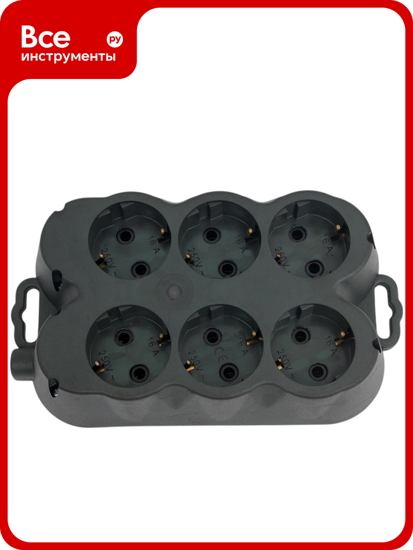 Переносная разборная розетка SVET РА16-002 УХЛ3, SV0302-0002, евро тип, корпус из каучука, шесть розеток с заземлением