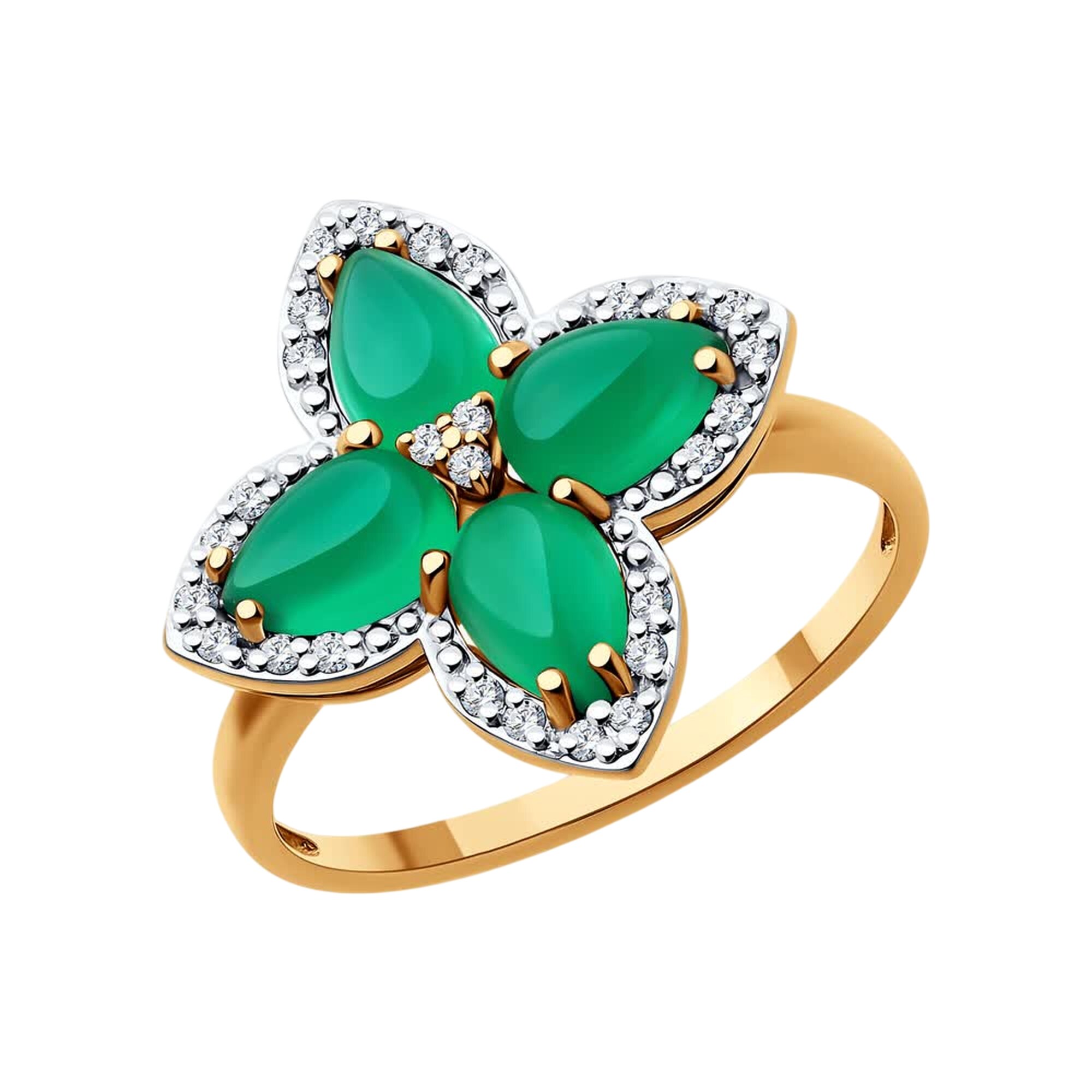 Кольцо, красное золото, 585 проба, агат, фианит