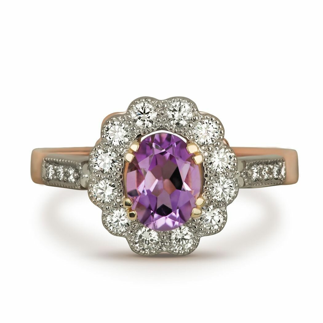 Перстень, красное золото, 585 проба, бриллиант, аметист