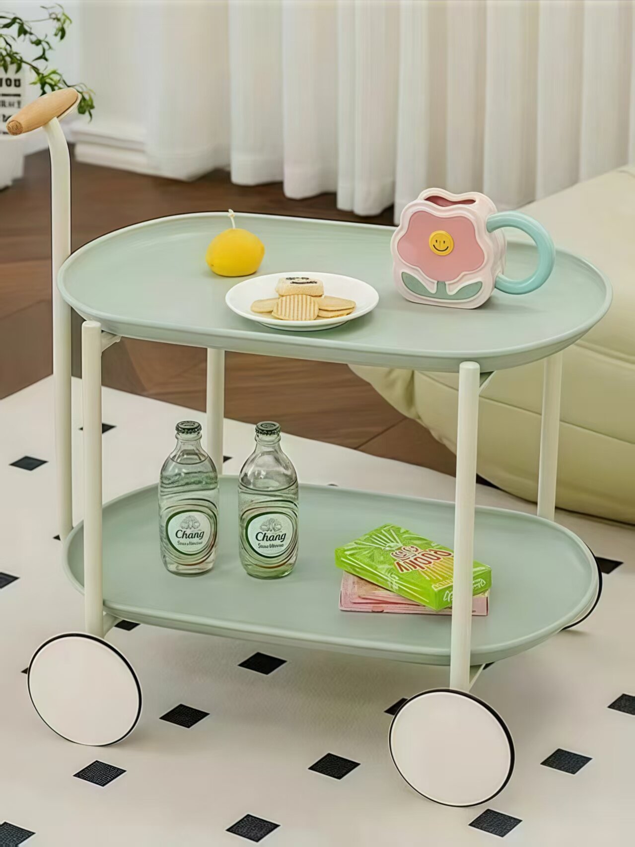 Журнальный стол S688, для офиса, овальный, на колесиках, зеленый, пластик/металл