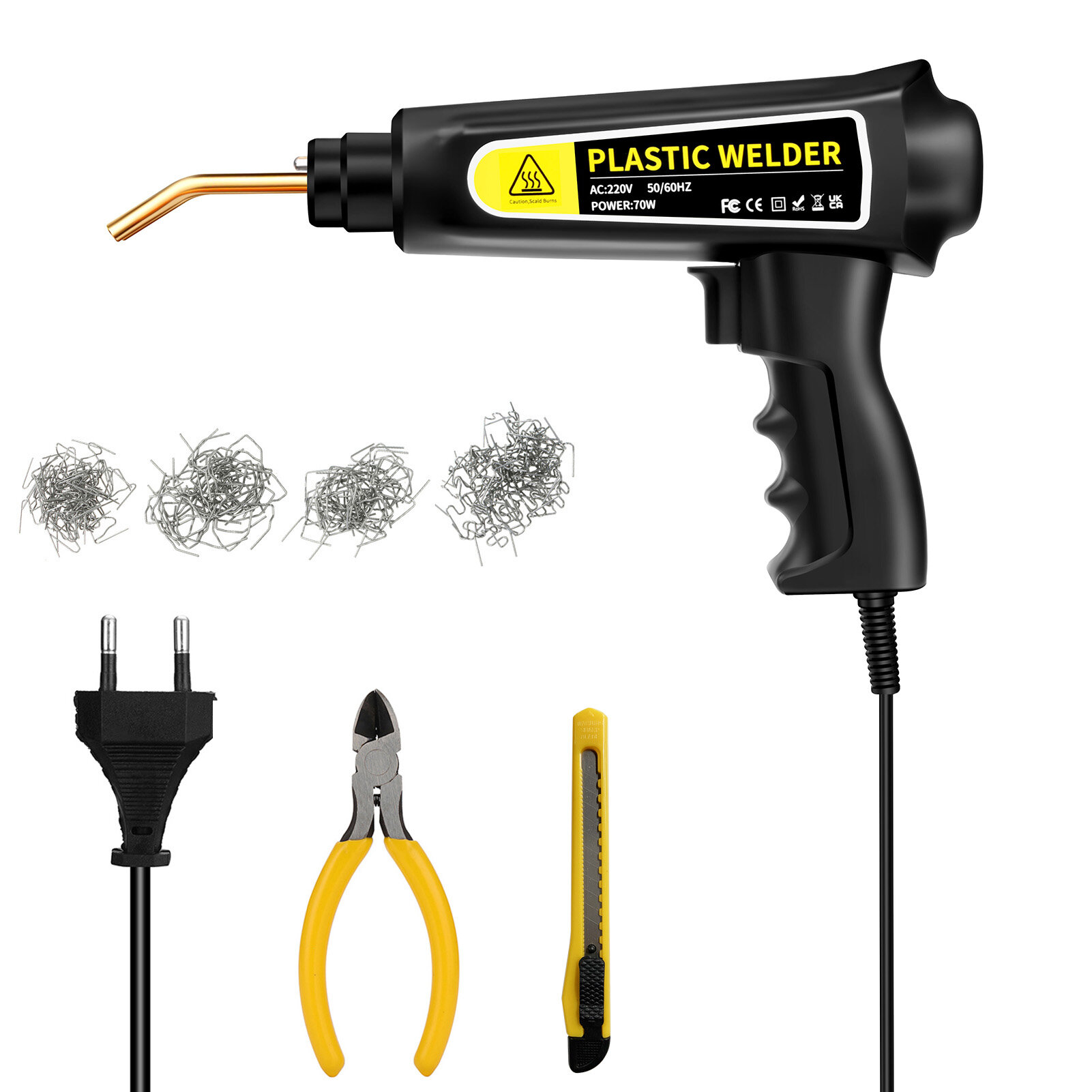 Машина для сварки пластика 70Вт, набор для ремонта пластика горячим скобовым штырем, набор для ремонта трещин на автомобильных бамперах с плиером, ножом и 4 типами волнообразных плоских горячих скобок, EU Plug, 220V, вес упаковки 1006г, размер упаковки