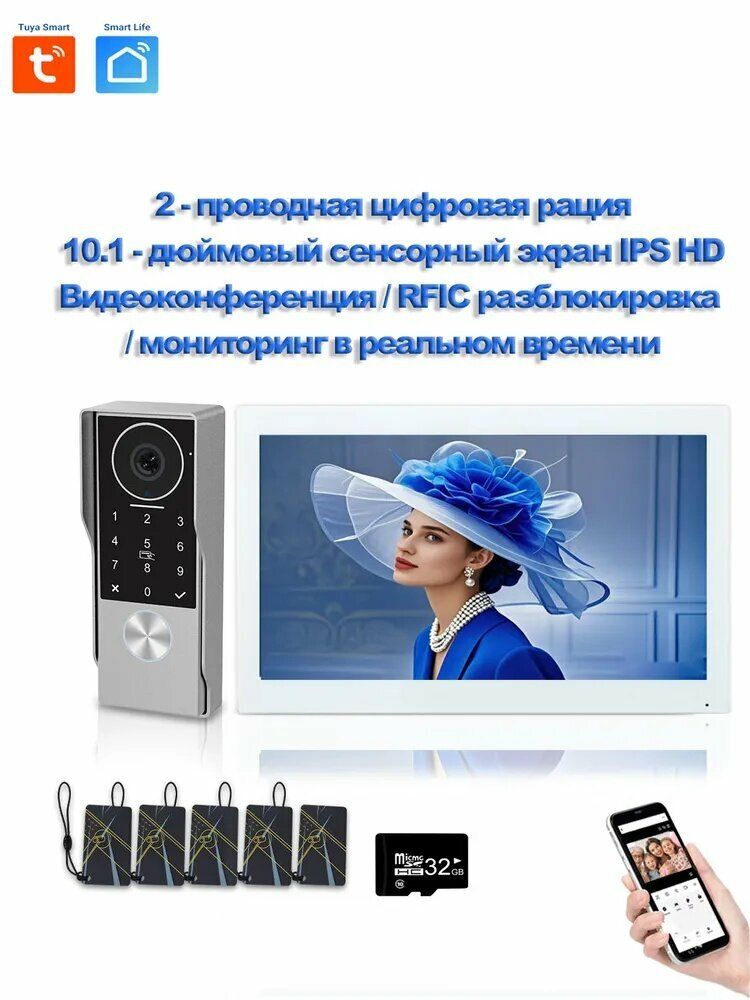 Комплект видеодомофона 2-проводной Морозостойкий -30 Сенсорный монитор 10" Управление замком/калиткой APP Обнаружение людей RFID