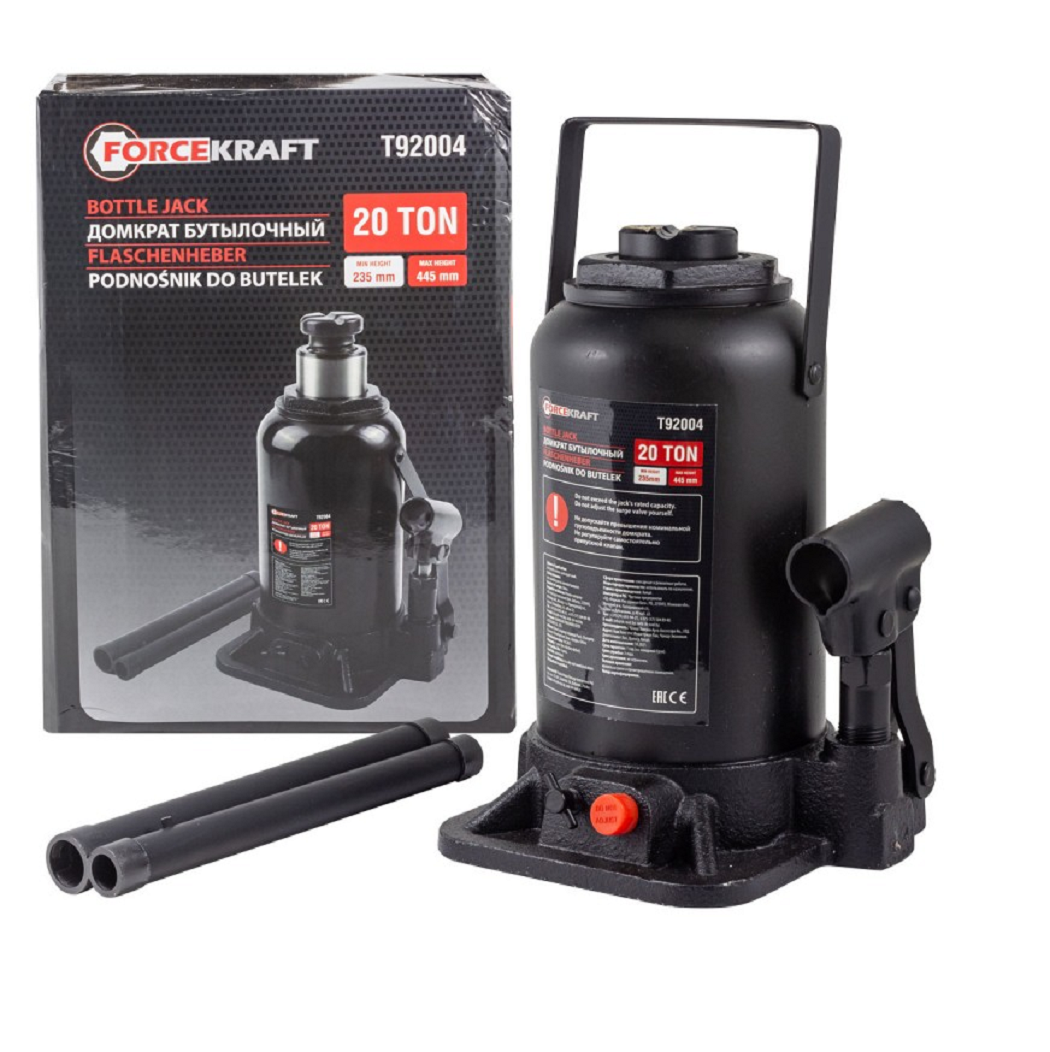Домкрат бутылочный FORCEKRAFT 20т, с клапаном, h 235 мм - 445 мм