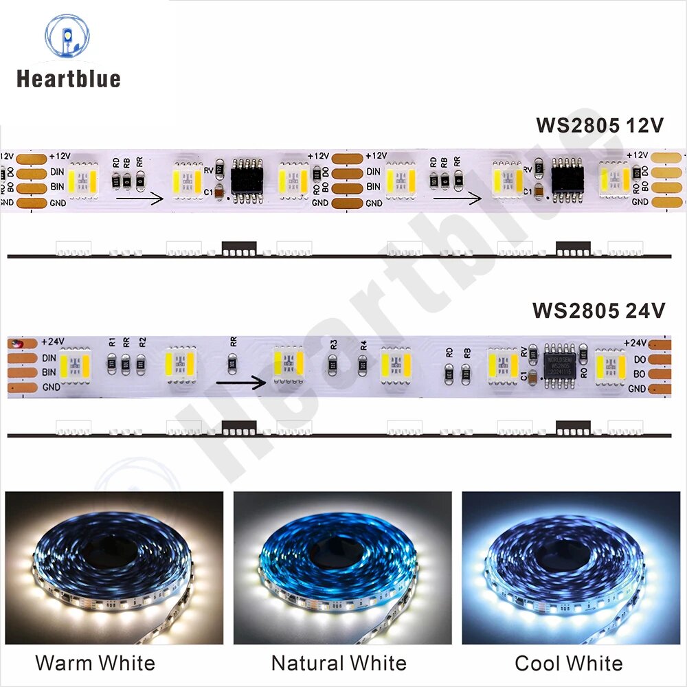 WS2805 Пиксельная светодиодная лента RGBCCT Адресная светодиодная лампа 5в1 с двумя сигналами RGB WW CW (3000K - 6500K) 12 В/24 В 60 светодиодов 1IC для 3/6