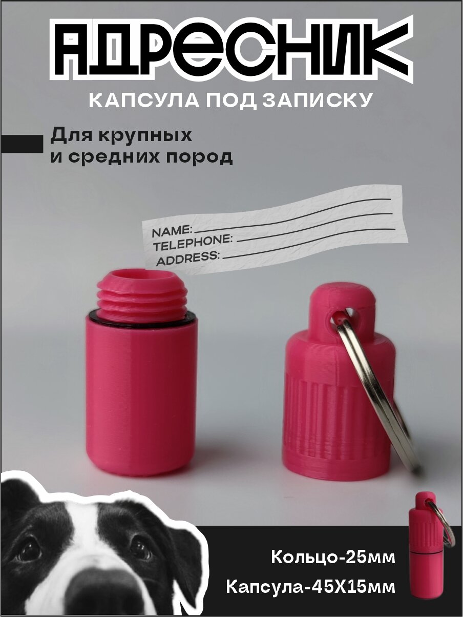 Адресник капсула на ошейник для крупных и средних собак розовый, 45х15мм, PETG пластик, бумажный вкладыш, Обормот