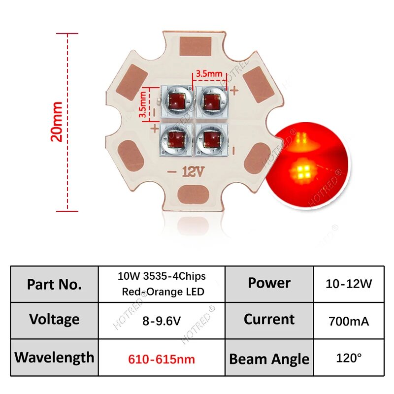 HotRed 10W янтарный LED 12V, 610-615nm