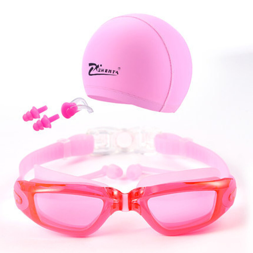 4 в 1 Набор очков для плавания и капа, антифог, UV-защита, водонепроницаемый, с ушными плитами, ноздревым клипом, капа для купальника, без протечек, для взрослых, детей, мужчин, женщин, Розовый 1#, Серый, Голубой 1#, Белый, Розовый 2#, Голубой 2#,