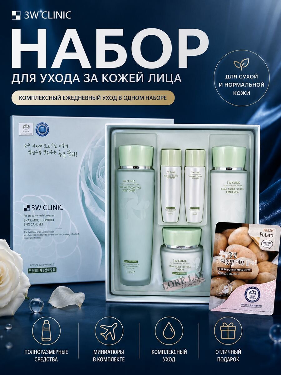 3W Clinic - Набор увлажняющих средств с муцином улитки "3W Clinic Snail Moist Control Skin Care Set"