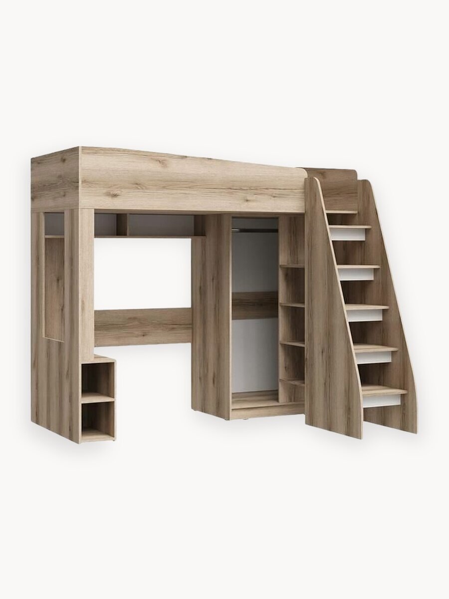Кровать-чердак Киви 90х190 см, с основанием настил, со шкафом, с лестницей, с полками, Дуб Делано / Белый пазл