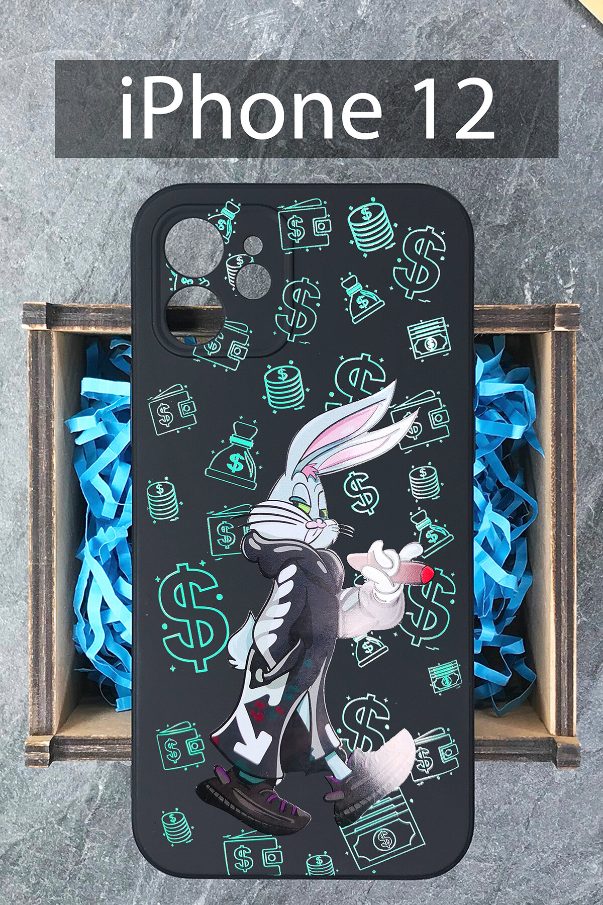 Силиконовый чехол с принтом Заяц Банни неон для iPhone 12 / Айфон 12