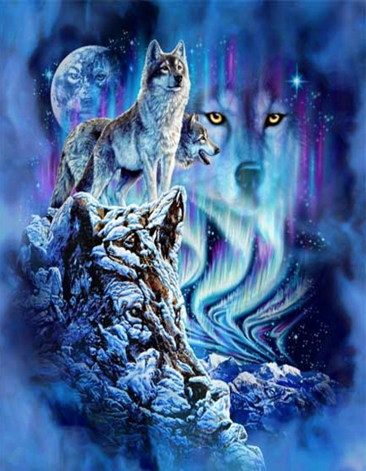 Алмазная мозаика 40х50 Дух волка и северное сияние на подрамнике (картина стразами с декоративной рамкой)