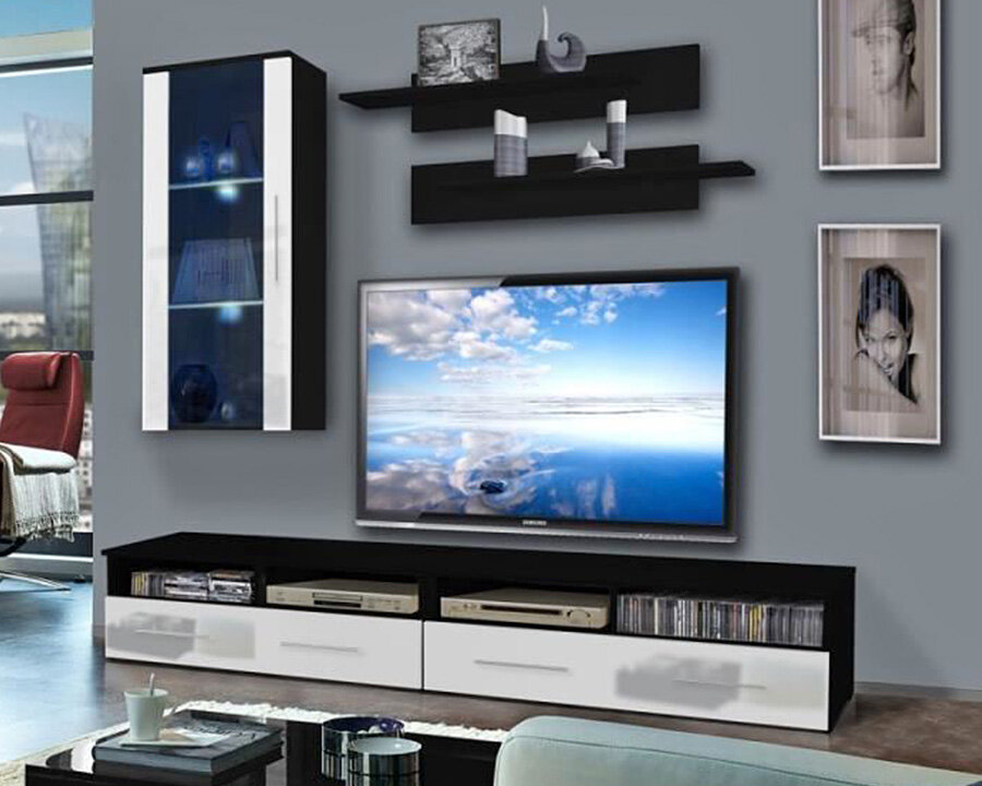 Гостиная 27 МДФ Белый DM635-6 (глянец) / Черный 0190 PE NOW 240x45x170 см, Фиеста