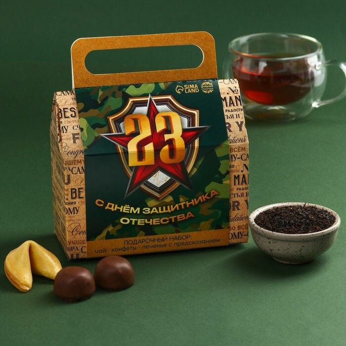 Набор С днём защитника отечества : чай чёрный с мятой 50 г, конфеты шоколадные с начинкой 100 г, печенье с предсказаниями