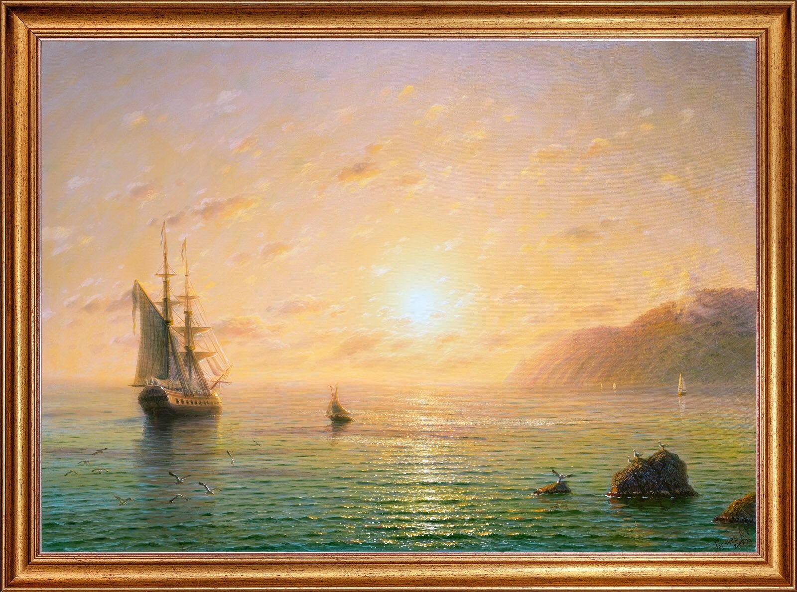 Картина "Парусник в море. Утро", 60х40 см, художник - Горячеа Александр, оформлена в багет, Арт. ГА6-60х40