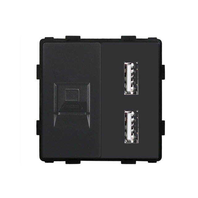 Механизм розетки 2Usb/Cat5, 5В 2.4 А, цвет черный