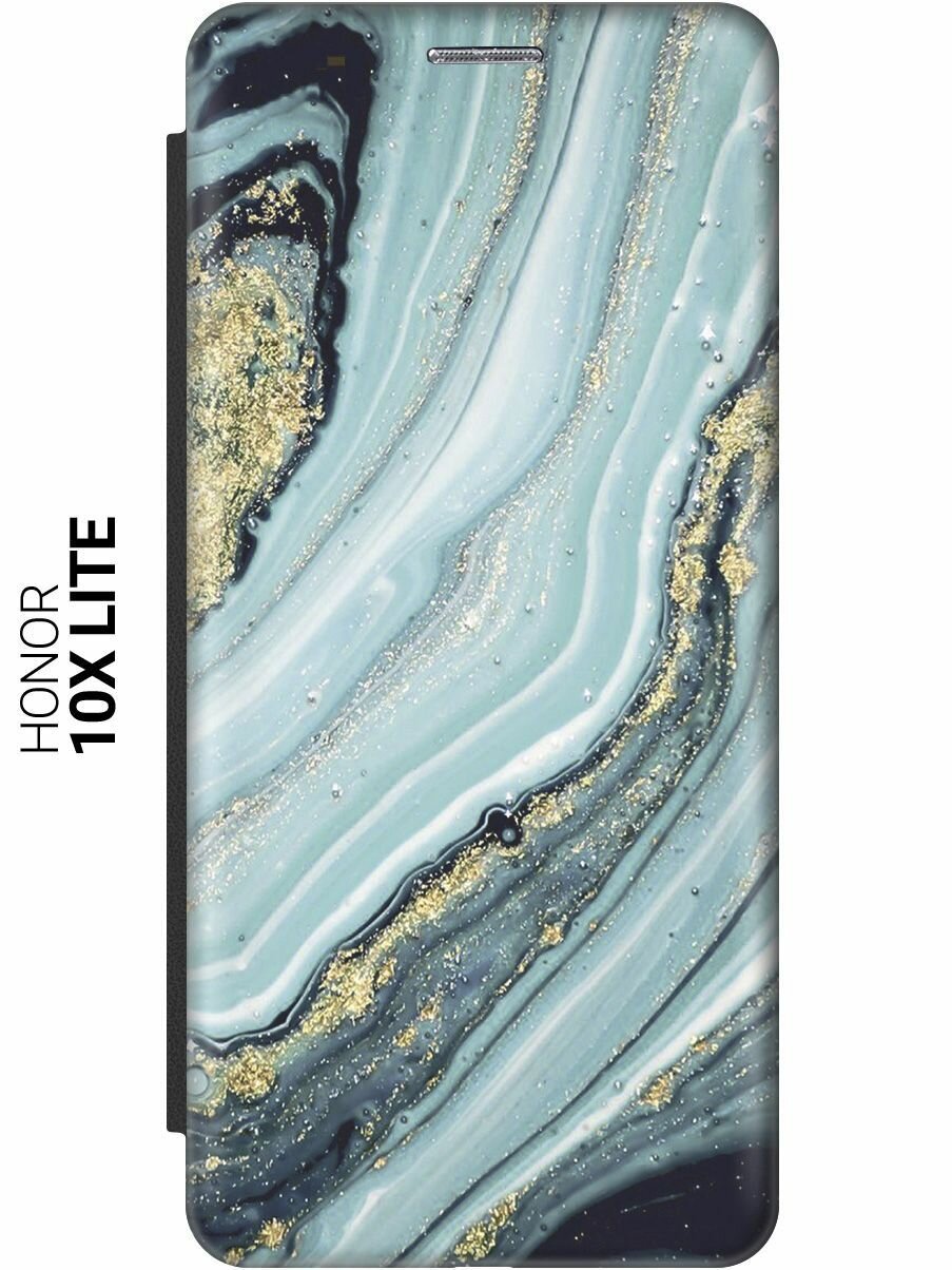 Чехол-книжка на Honor 10x Lite, Хонор 10Х Лайт с 3D принтом "Зеленый мрамор" черный