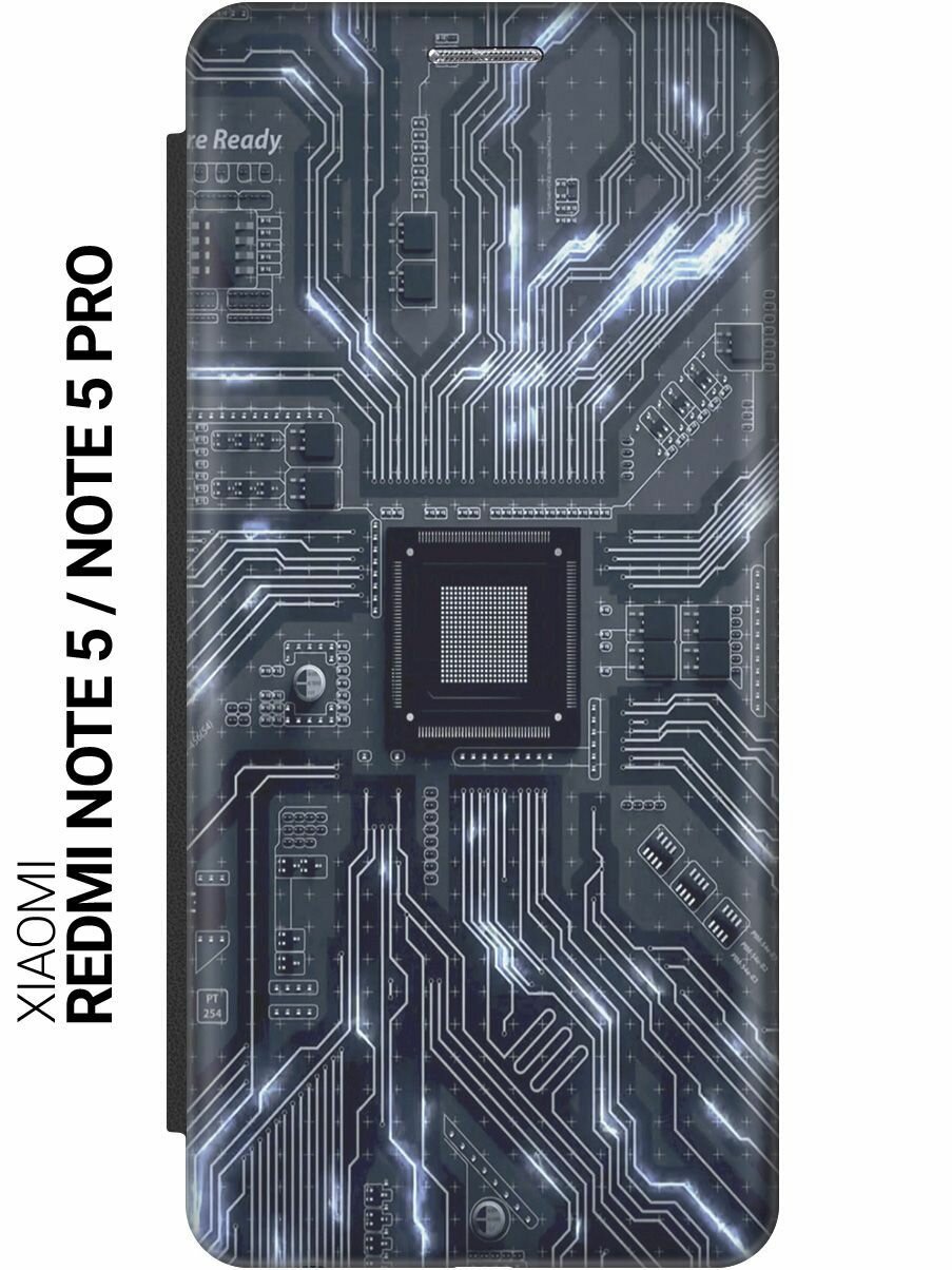 Чехол-книжка на Xiaomi Redmi Note 5, Note 5 Pro, Сяоми Редми Ноут 5, Ноут 5 Про с 3D принтом "Синяя микросхема" черный