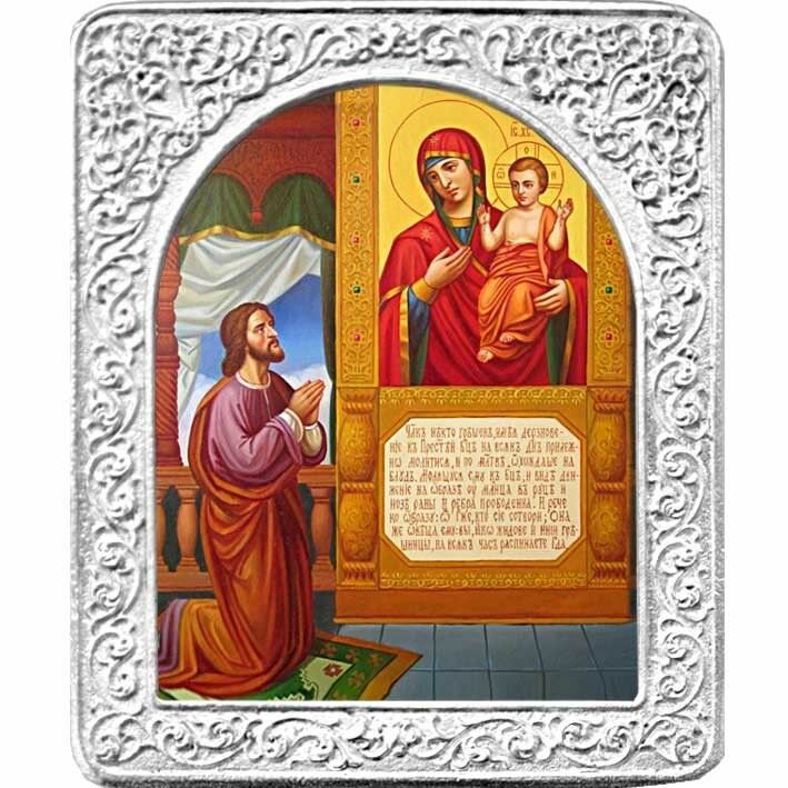 Нечаянная радость. Маленькая икона Божьей Матери в посеребренной раме 4,5 х 5,5 см.