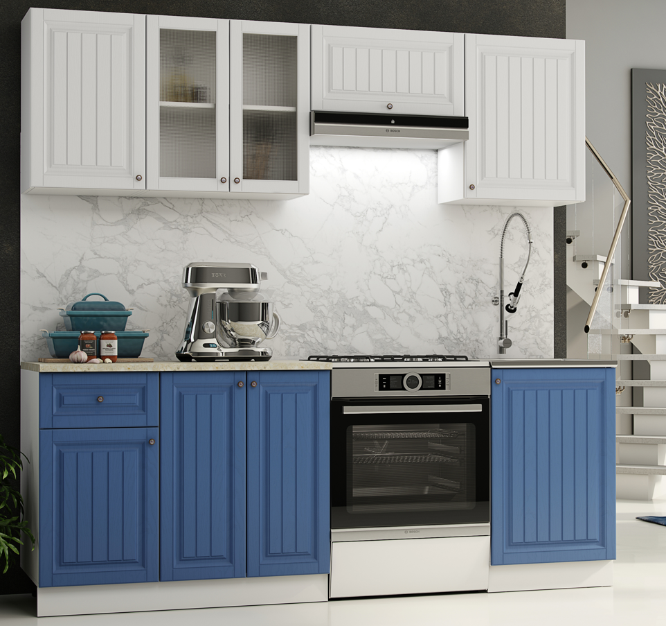 Кухонный гарнитур, кухня, готовый комплект Хозяюшка 2,1 м Акация белая/Деним