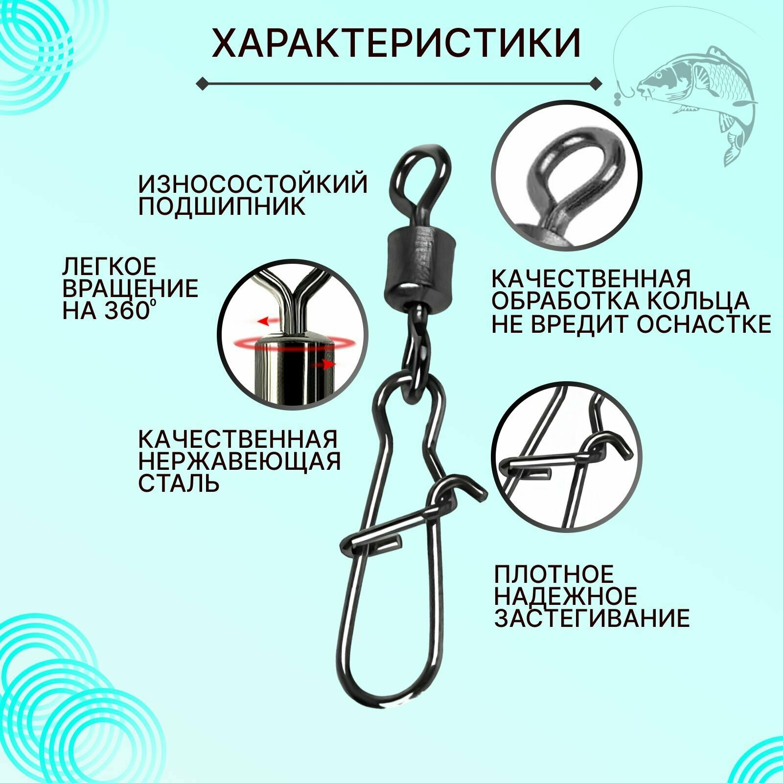 Набор карабинов с вертлюгом №4 №6 №8 №10 №12 100 шт