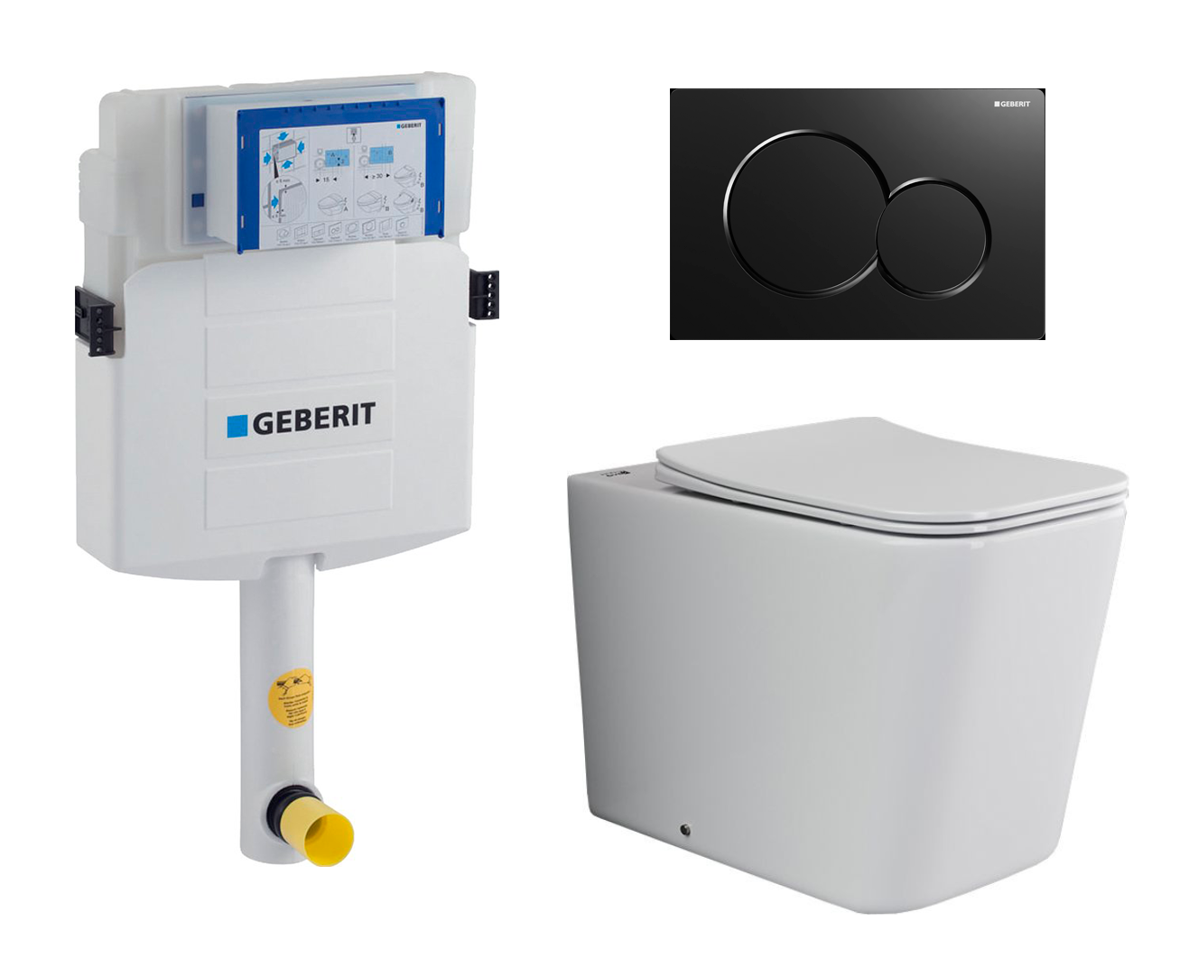 Комплект 3 в 1 смывной бачок скрытого монтажа Geberit Duofix UP320 + Унитаз приставной Ceramica Nova Cubic Rimless CN1809 + Кнопка Geberit Sigma 01 черная